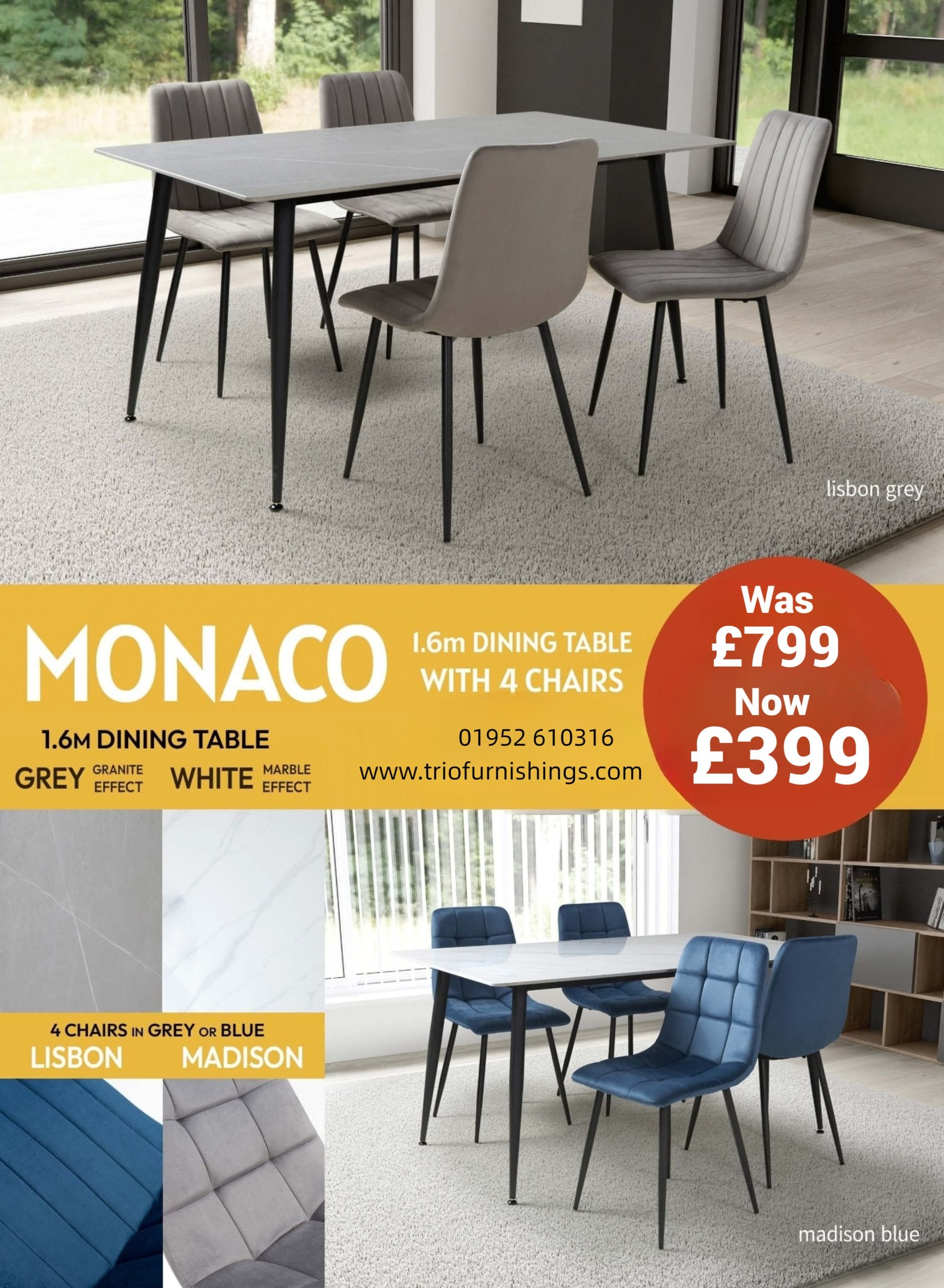 Monaco 1.6m Grey & 4 Dining Chairs - Trio Furnishings
